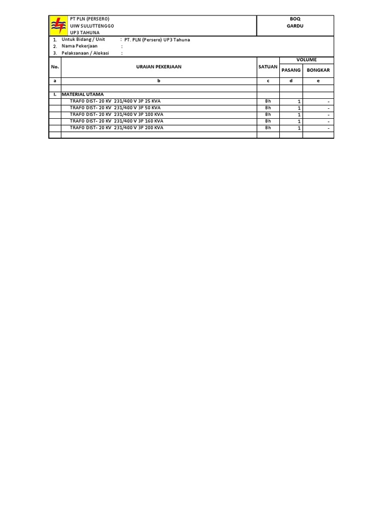 RAB MUTASI TRAFO ULP LIRUNG PT PLN (Persero) UP3 Tahuna | PDF