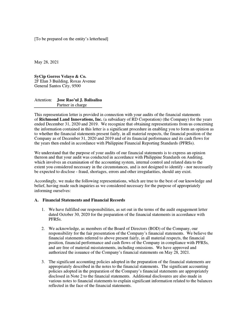 20 RLII A5.7 Management Representation Letter-2 | PDF | Financial ...