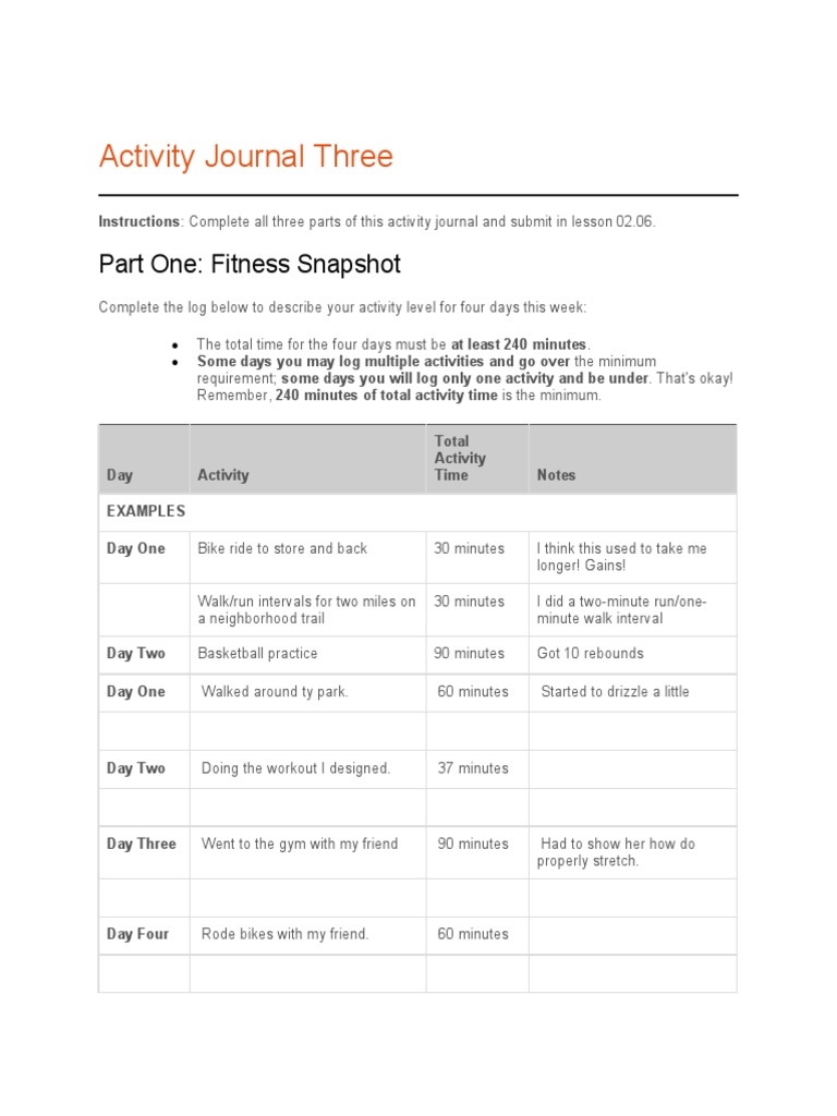 Activity Journal Three: Part One: Fitness Snapshot | PDF | Physical Fitness