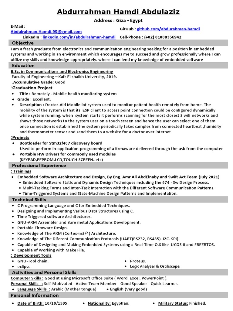 Abdulrahman Hamdi Resume | PDF | Embedded System | System
