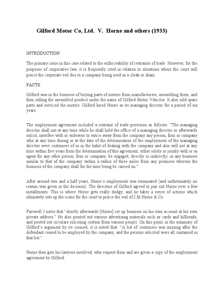 Gilford Motor Co Ltd v Horne piercing corporate veil case (1933 | PDF ...