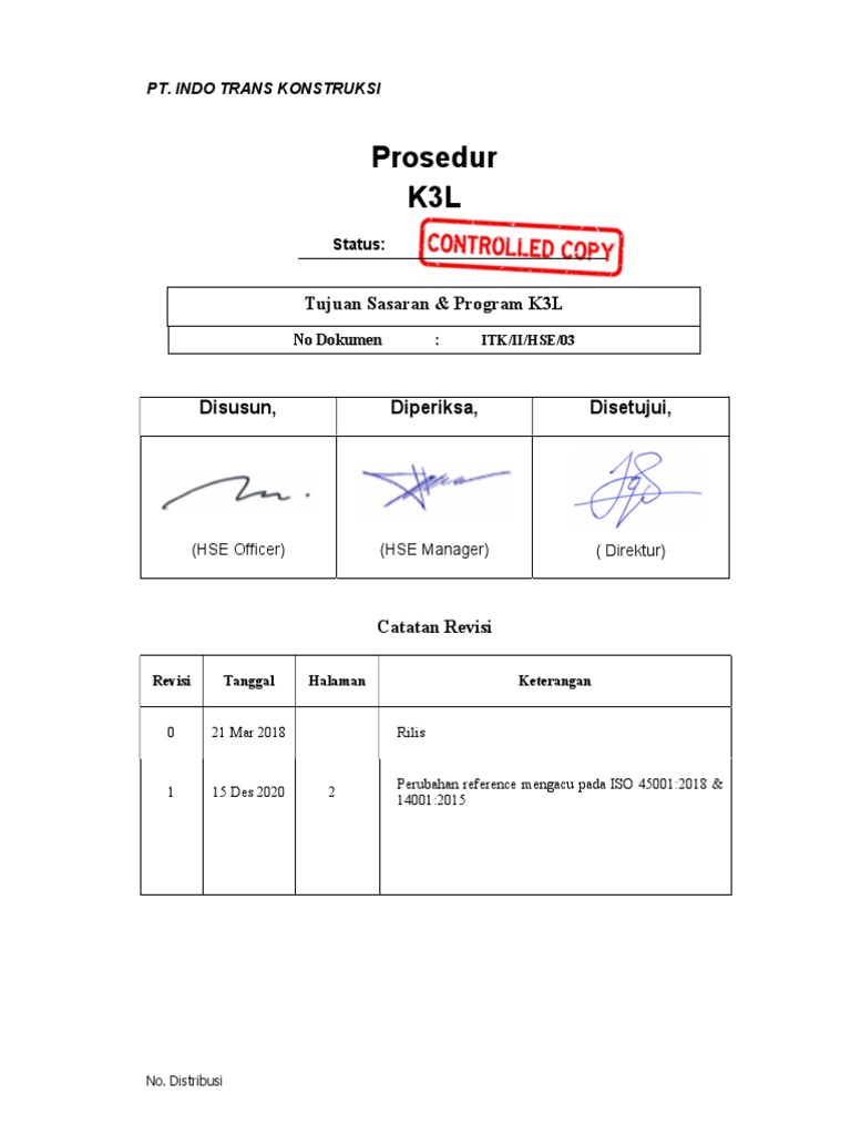 ITK-II-HSE-03 Prosedur Tujuan Sasaran Dan Program K3L - R1 | PDF