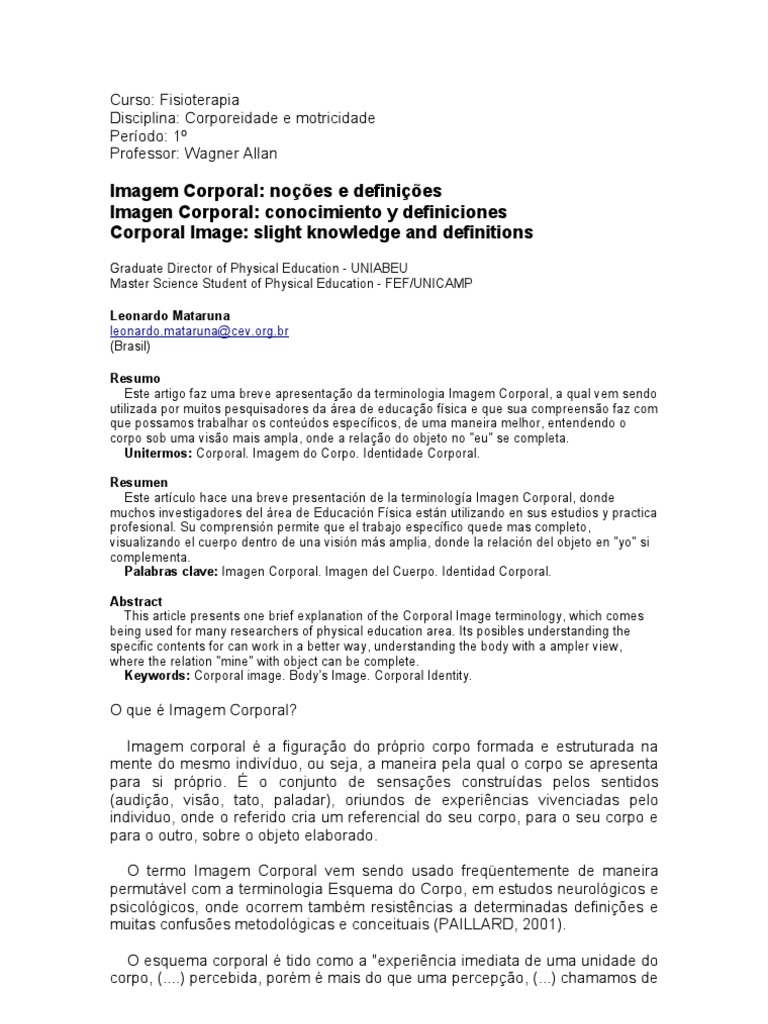 Imagem Corporal | PDF | Percepção | Imagem