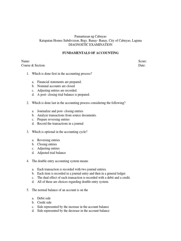 Fundamentals of Accounting Exam Questions | PDF | Debits And Credits ...