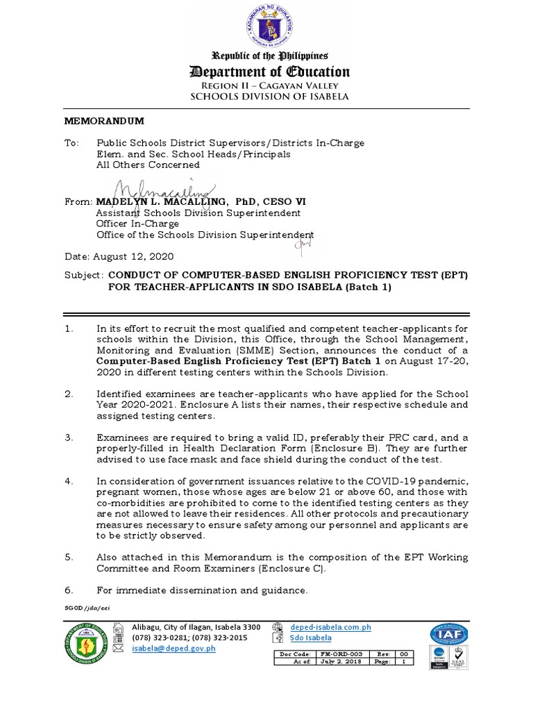 Division Memo On CB EPT Batch 1 | PDF | Pandemic | Health Sciences