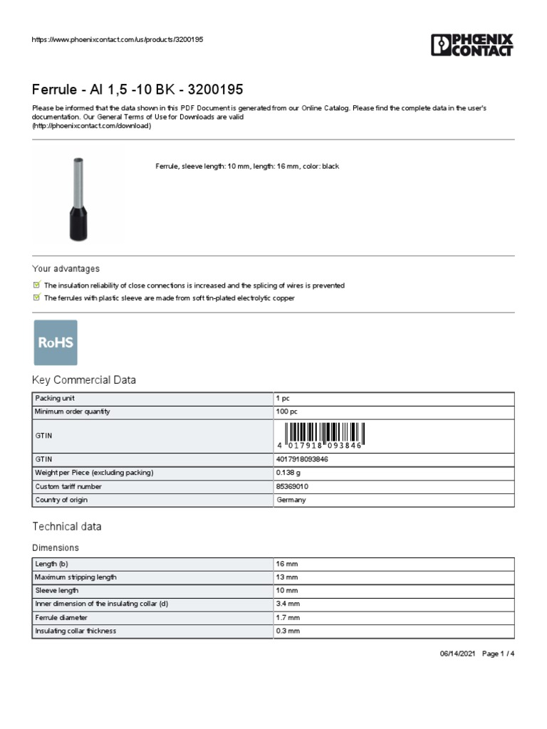 Ferrule - AI 1,5 - 10 BK - 3200195: Key Commercial Data | PDF ...