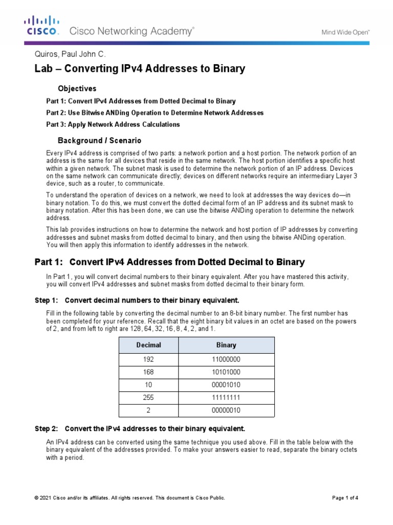 Converting IPv4 Addresses To Binary - ANSWER | PDF | Ip Address ...