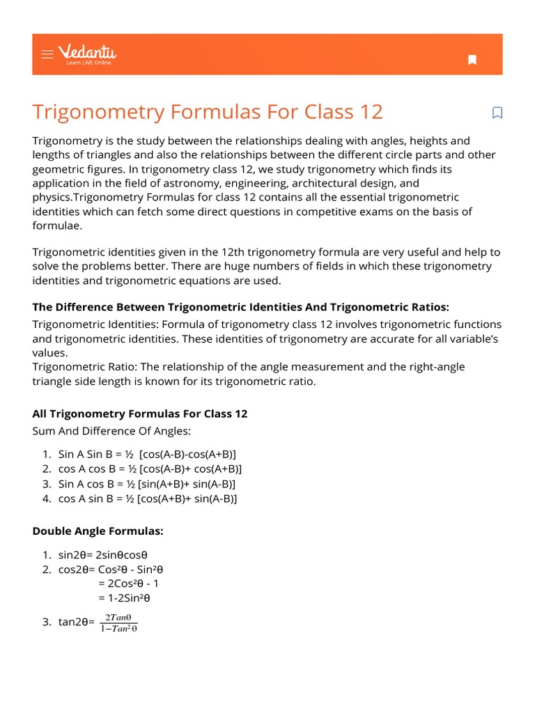 Trigonometry Formulas For Class 12: The Di!erence Between Trigonometric ...