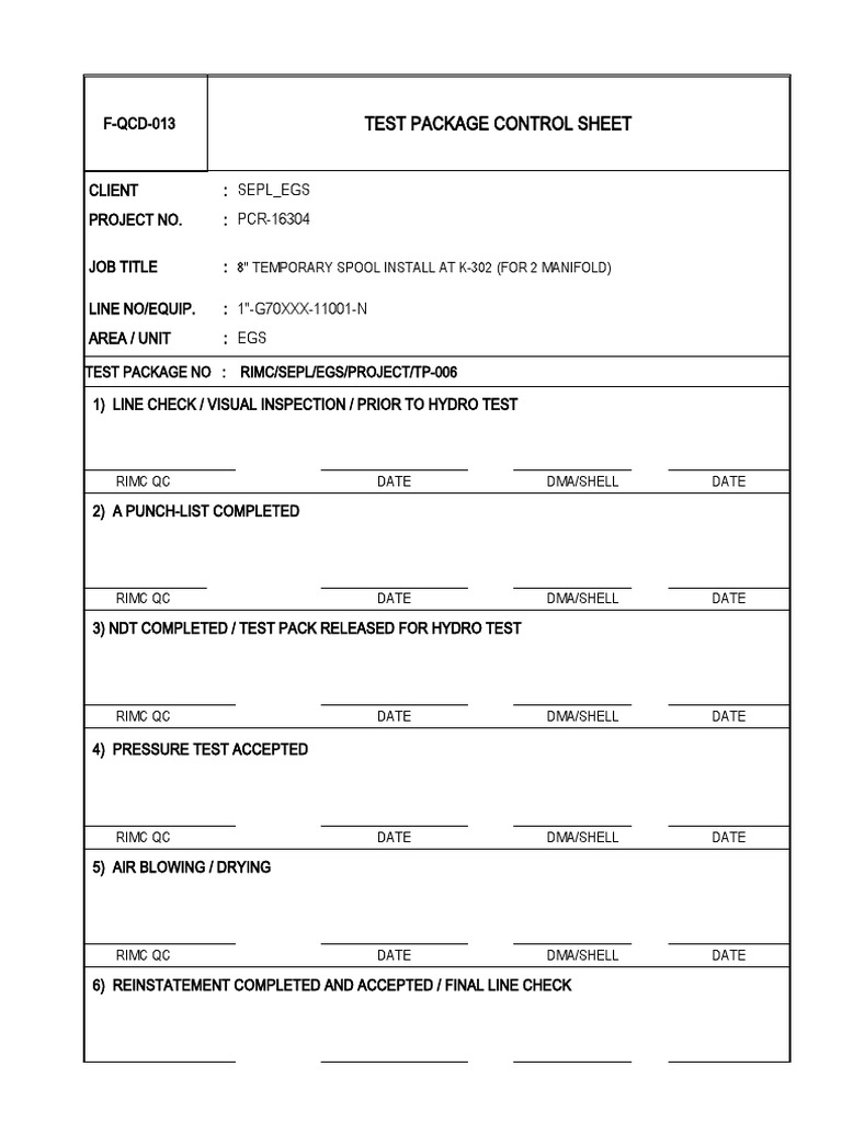 Test Package Control Sheet for Hydro Test | PDF