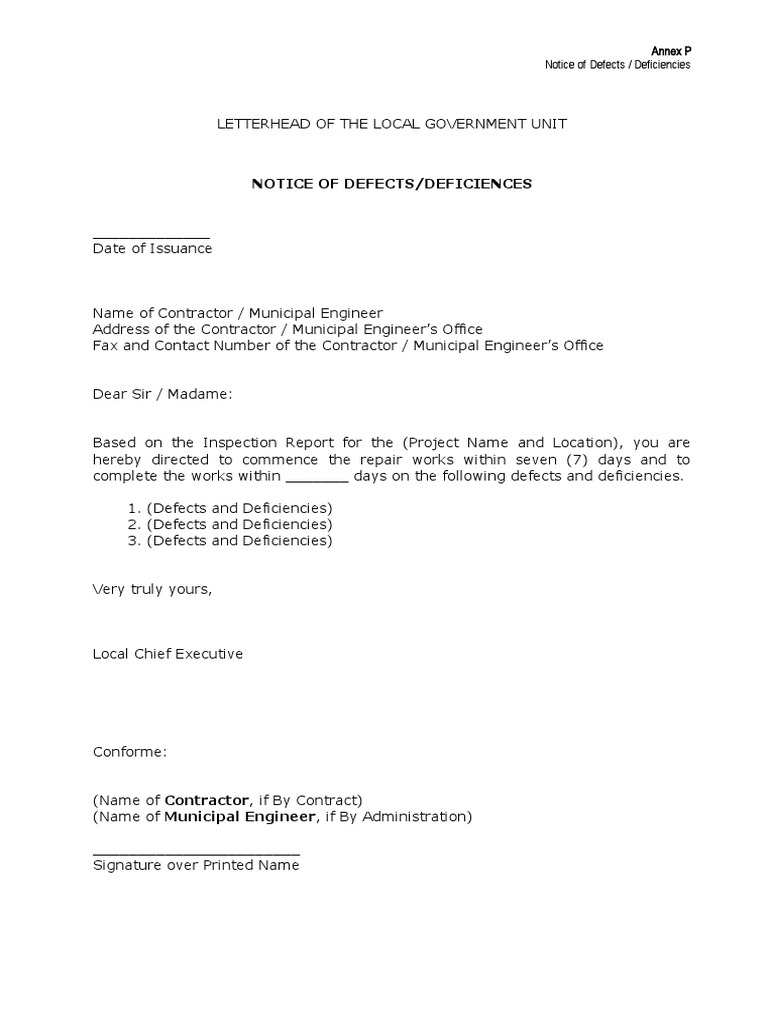 Notice of Defects and Deficiencies | PDF