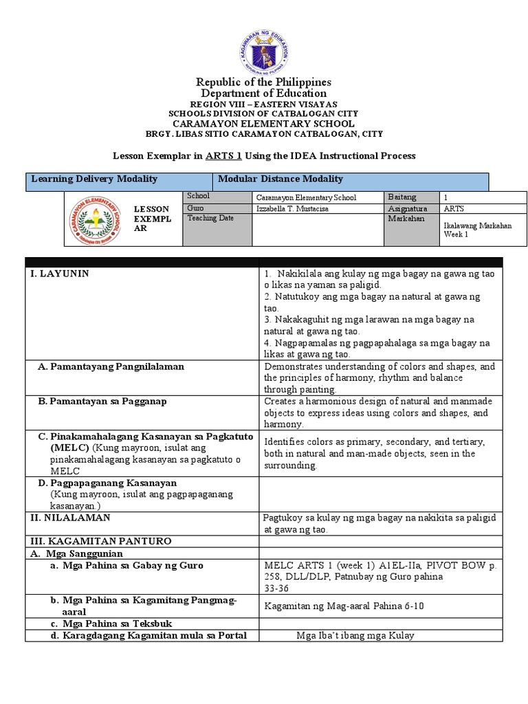 Lesson-Exemplar-Arts 1-Q2-Week 1 - Cot1 | PDF