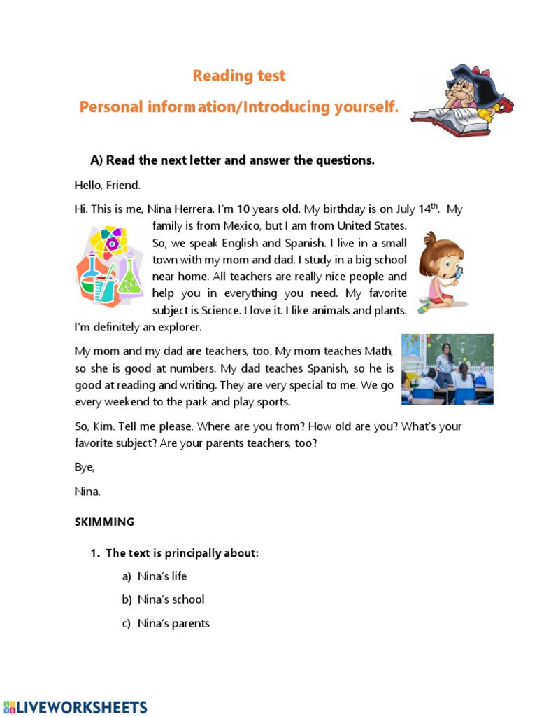 Reading Test Personal Information/introducing Yourself.: A) Read The ...