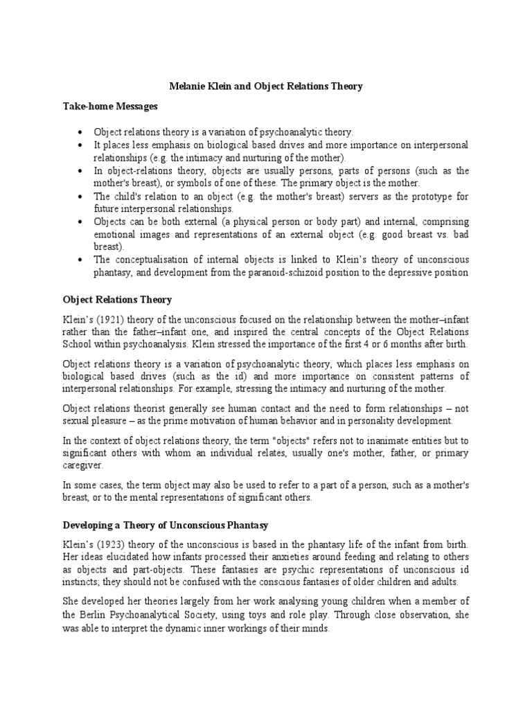 Melanie Klein and Object Relations Theory | PDF | Object Relations Theory | Narcissism