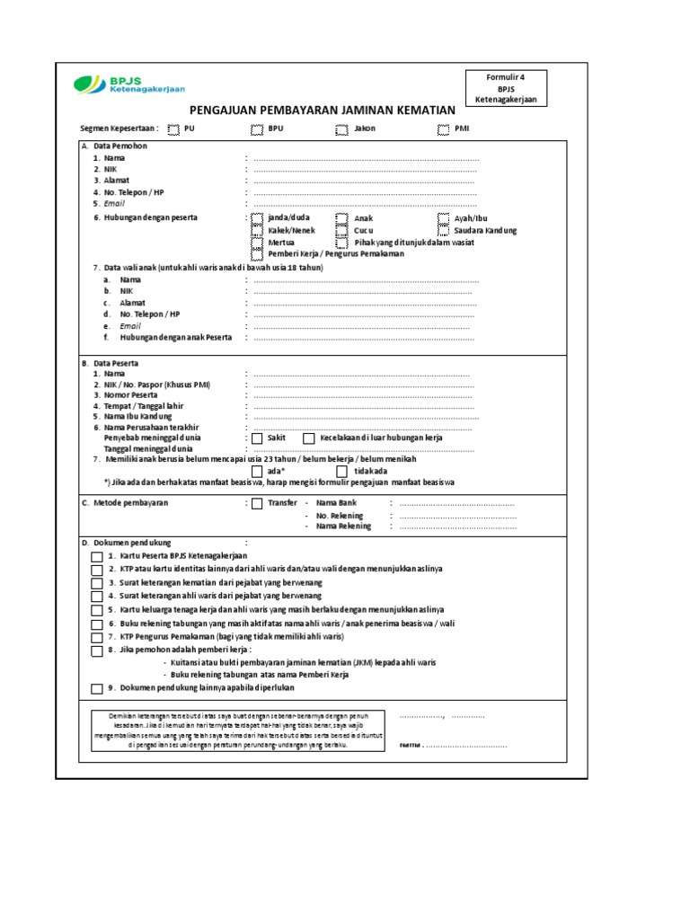 Formulir 4 BPJS Ketenagakerjaan | PDF