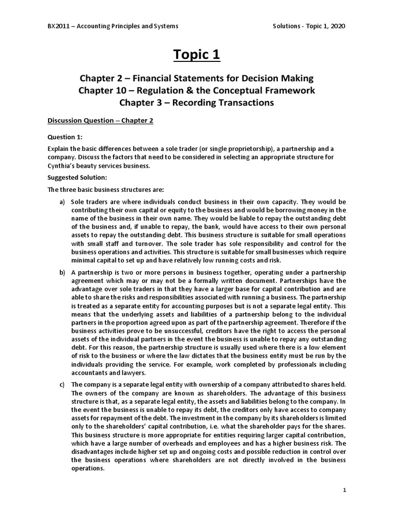 BX2011 Topic01 Tutorial Solutions 2020 | PDF | Cash Flow Statement | Debits And Credits