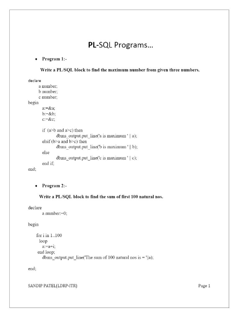 PL-SQL Programs Program 1 - Write A PL - SQL Block To Find The | PDF