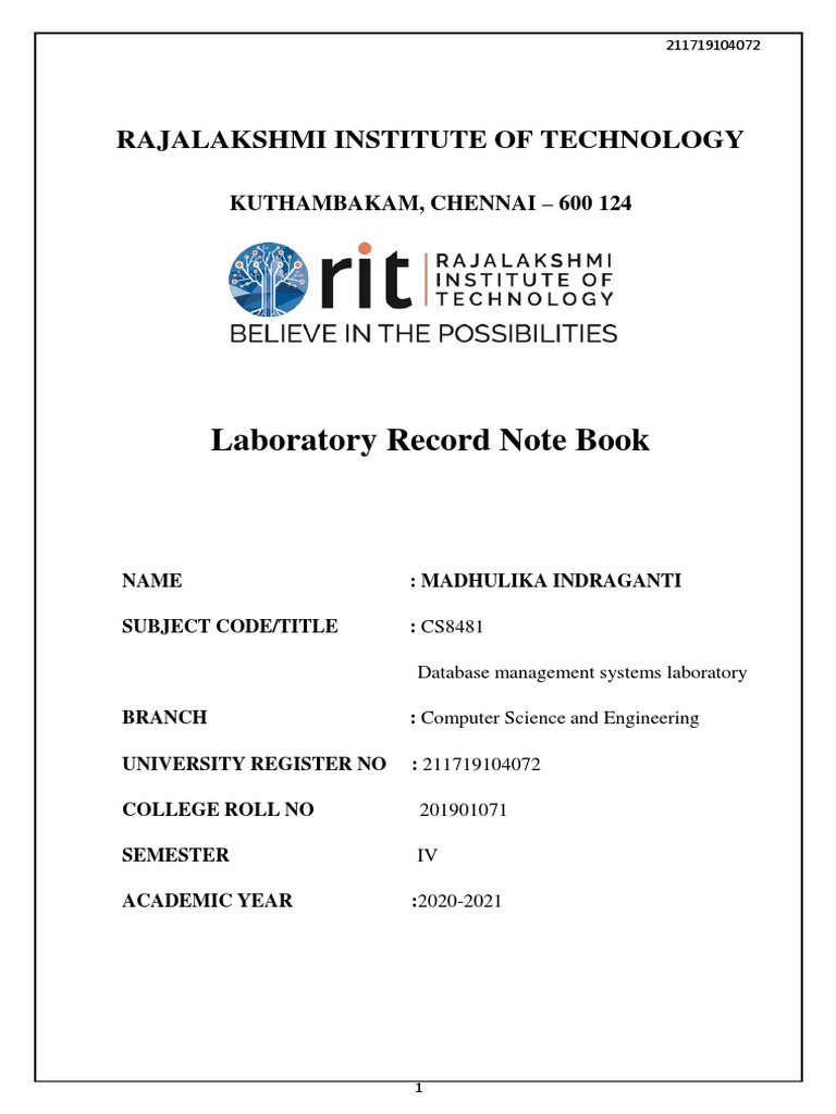 Laboratory Record Note Book: Rajalakshmi Institute of Technology | PDF ...