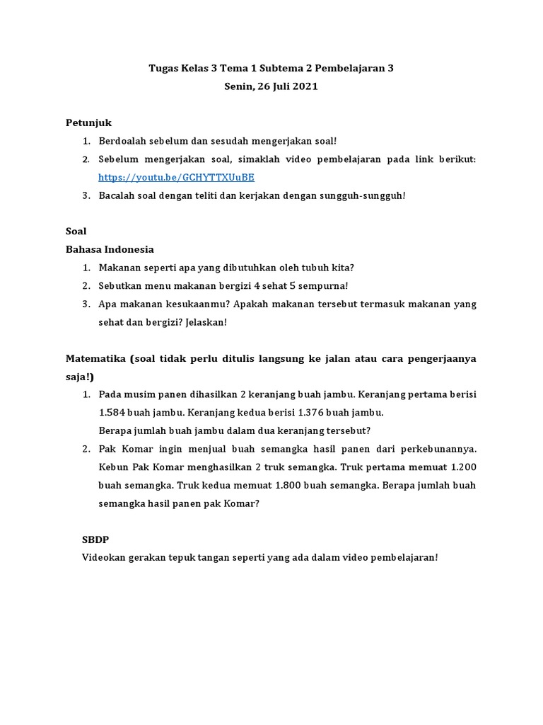 Tugas Kelas 3 Tema 1 Subtema 2 Pembelajaran 3 | PDF