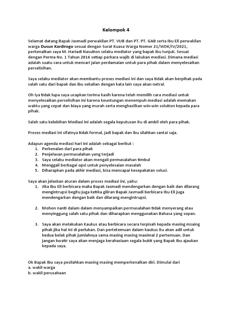 Script Simulasi Mediasi | PDF | Hukum