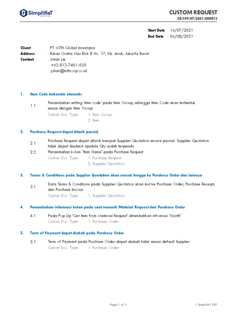 Custom Request - MTH Corp (Sales Program) | PDF