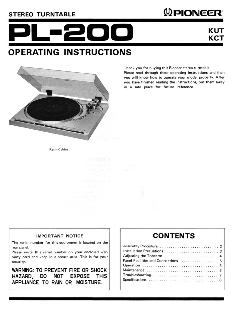 Pioneer PL 200 Owners Manual | PDF