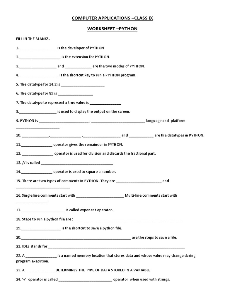 Computer Applications - Class Ix Worksheet - Python | PDF | Data Type ...
