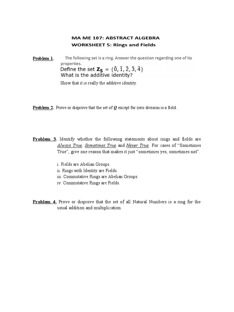 Abstract Algebra Worksheet 5 Rings and Fields | PDF