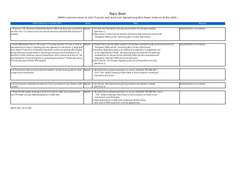 Att1. Reply Sheet For PNPC's Comment On 22kV TL Punch Clear Work From ...