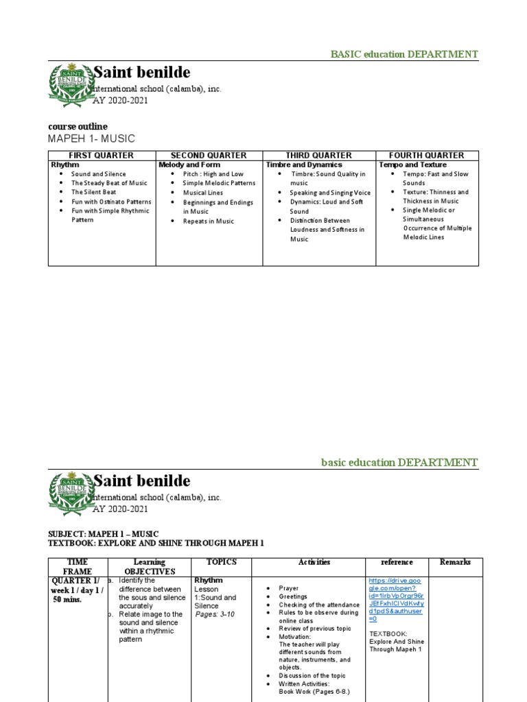 MAPEH 1 Music Course Outline Saint Benilde School | PDF | Rhythm | Singing