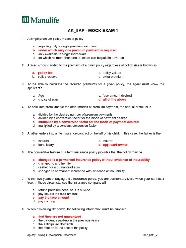 Answer Key - Life - Mock Exam 1 | PDF | Life Insurance | Insurance