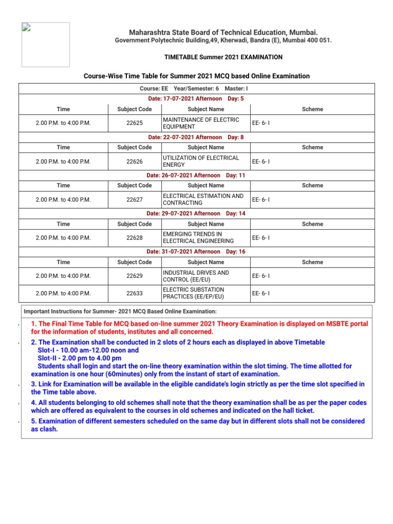 MCQ Based Online Examination MSBTE Time Table For Summer 2021 ...