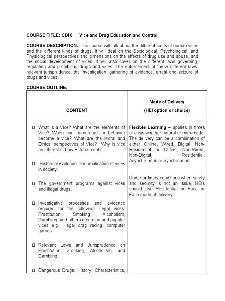 Course Title: Cdi 8 Vice and Drug Education and Control COURSE ...