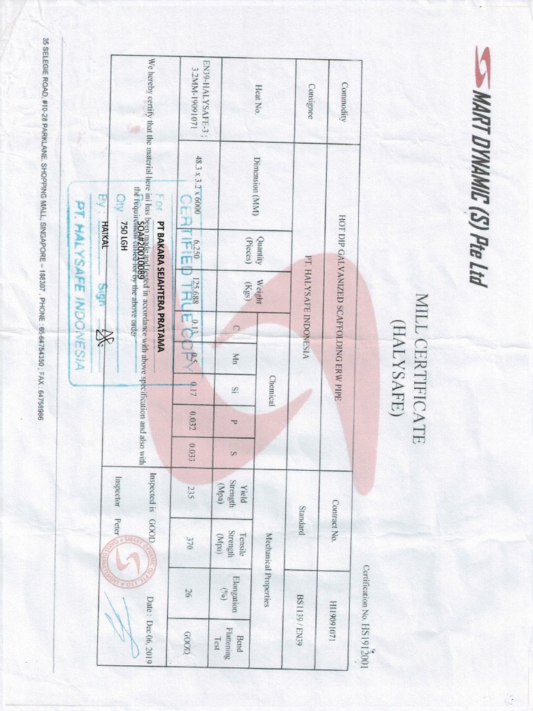 Sertifikat Material Halysafe Scaffolding | PDF