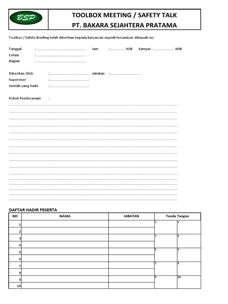 Toolbox Meeting / Safety Talk Pt. Bakara Sejahtera Pratama: Daftar Hadir Peserta | PDF