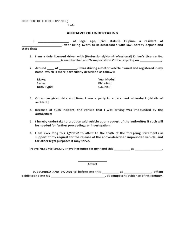 Affidavit of Undertaking - Release Vehicle Accident Template | PDF