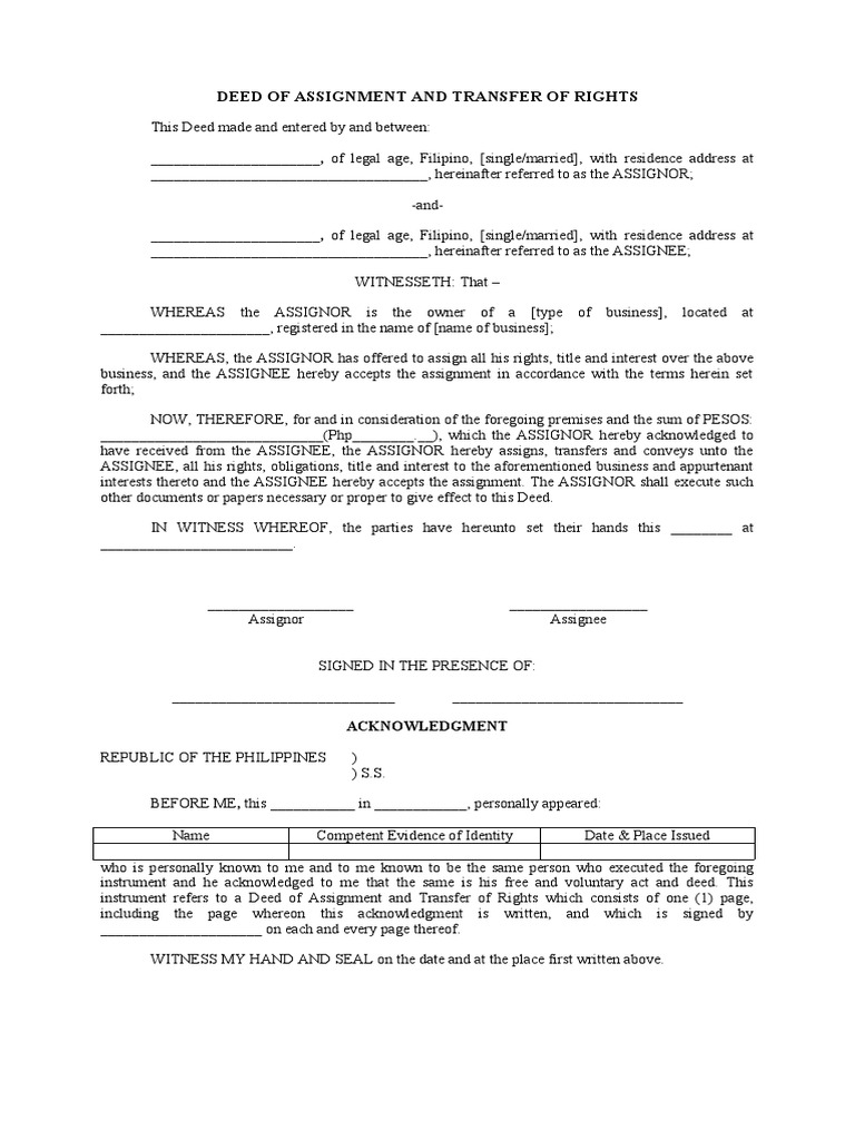 Deed of Assignment and Transfer Sample | PDF | Assignment (Law) | Deed