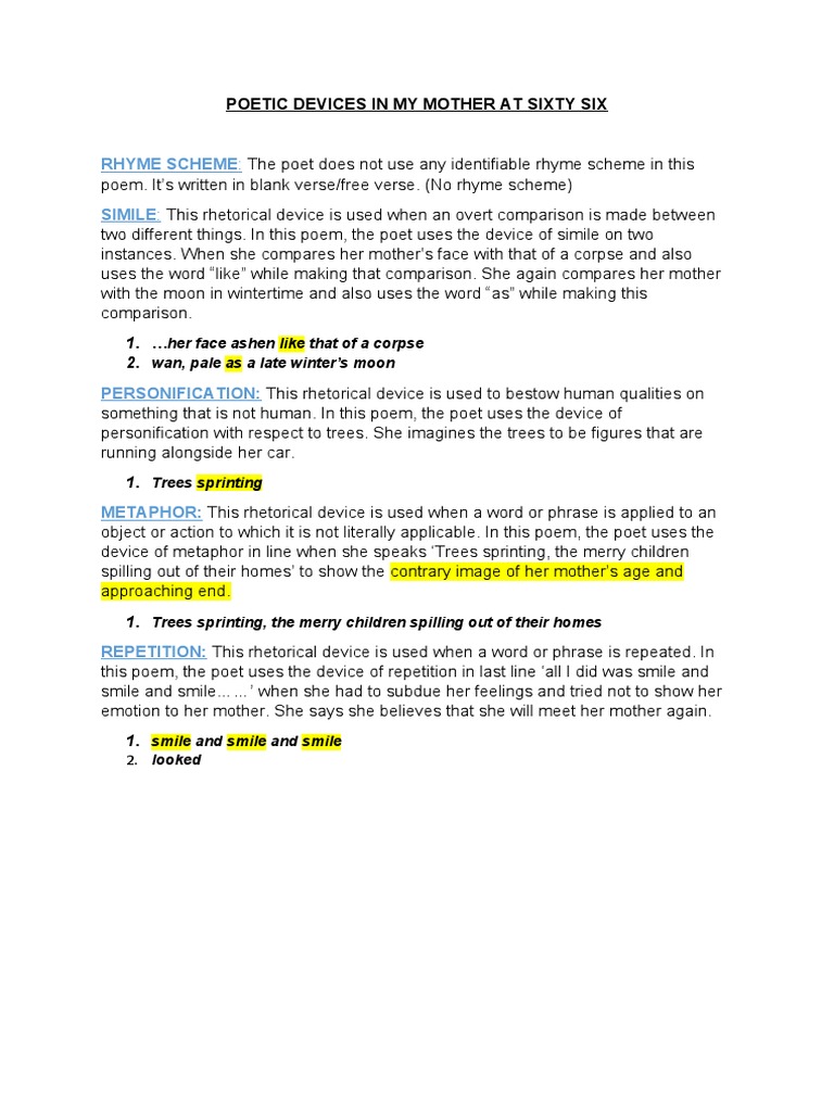 Rhyme Scheme: Simile:: Poetic Devices in My Mother at Sixty Six | PDF ...