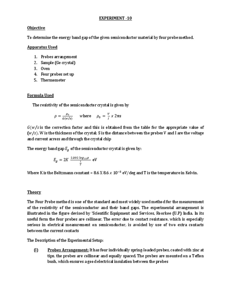 Manual - Four Probe | PDF | Band Gap | Electrical Resistivity And Conductivity