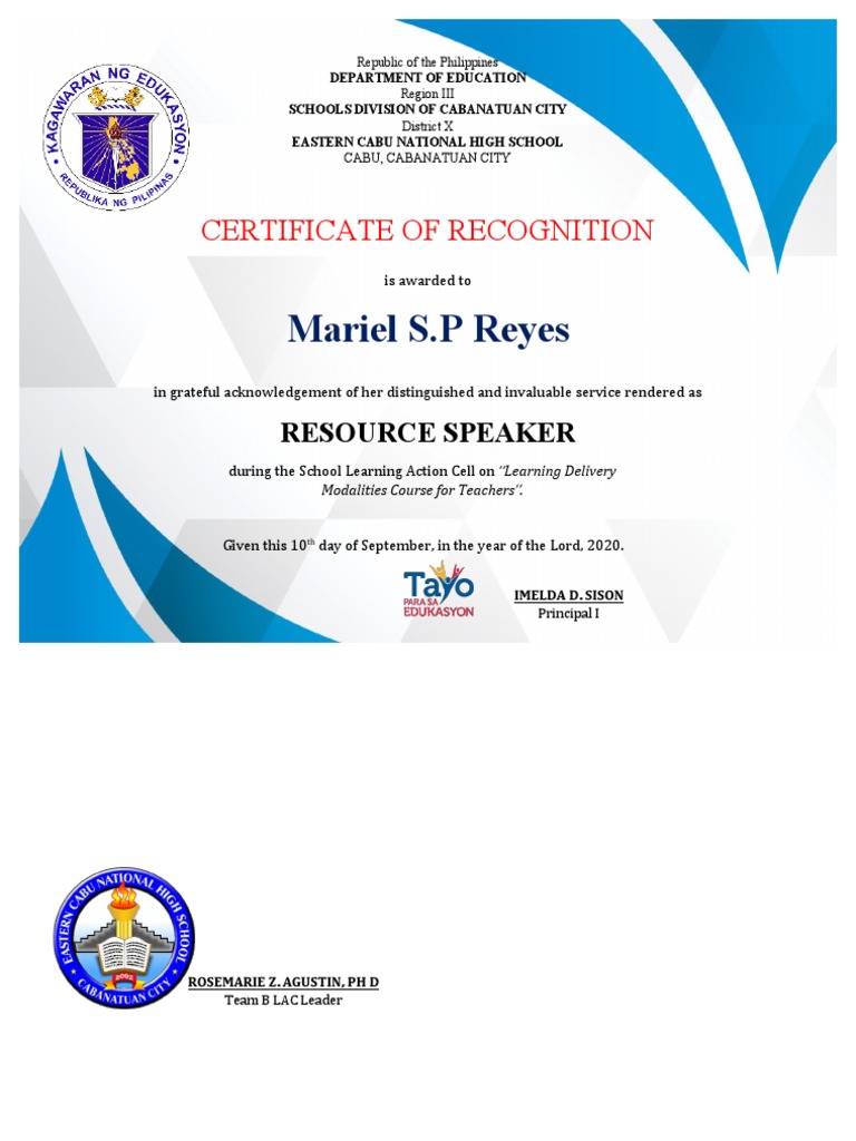 Certificate of Recognition For Guest of Honor and Speaker Template 2 | PDF
