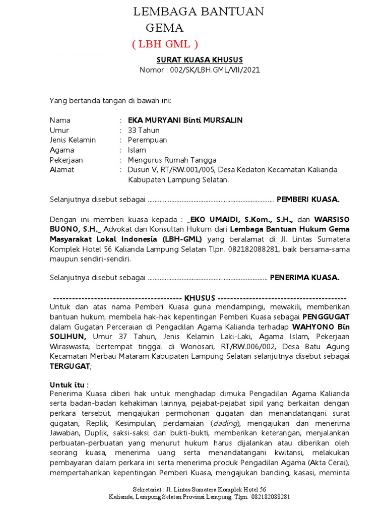 Surat Kuasa Perceraian Kalianda | PDF