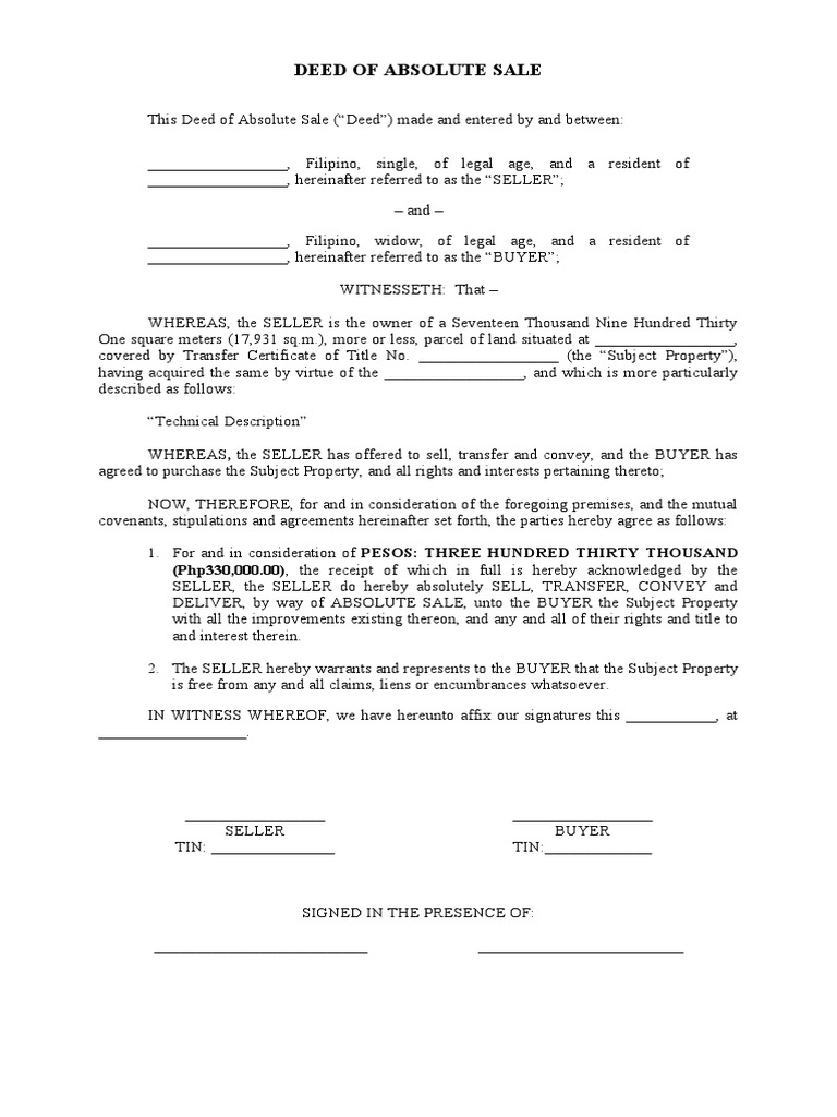 Deed of Sale - Template | Download Free PDF | Deed | Real Estate Law