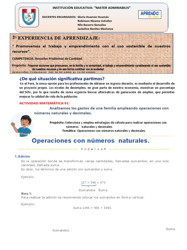 Experiencia de Aprendizaje 02-Actividad 01-1ra Semana. | PDF | División (Matemáticas) | Sustracción