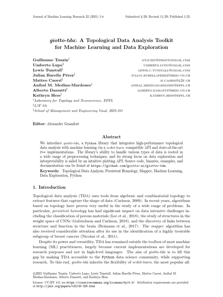 Giotto-Tda: A Topological Data Analysis Toolkit For Machine Learning and Data Exploration | PDF ...