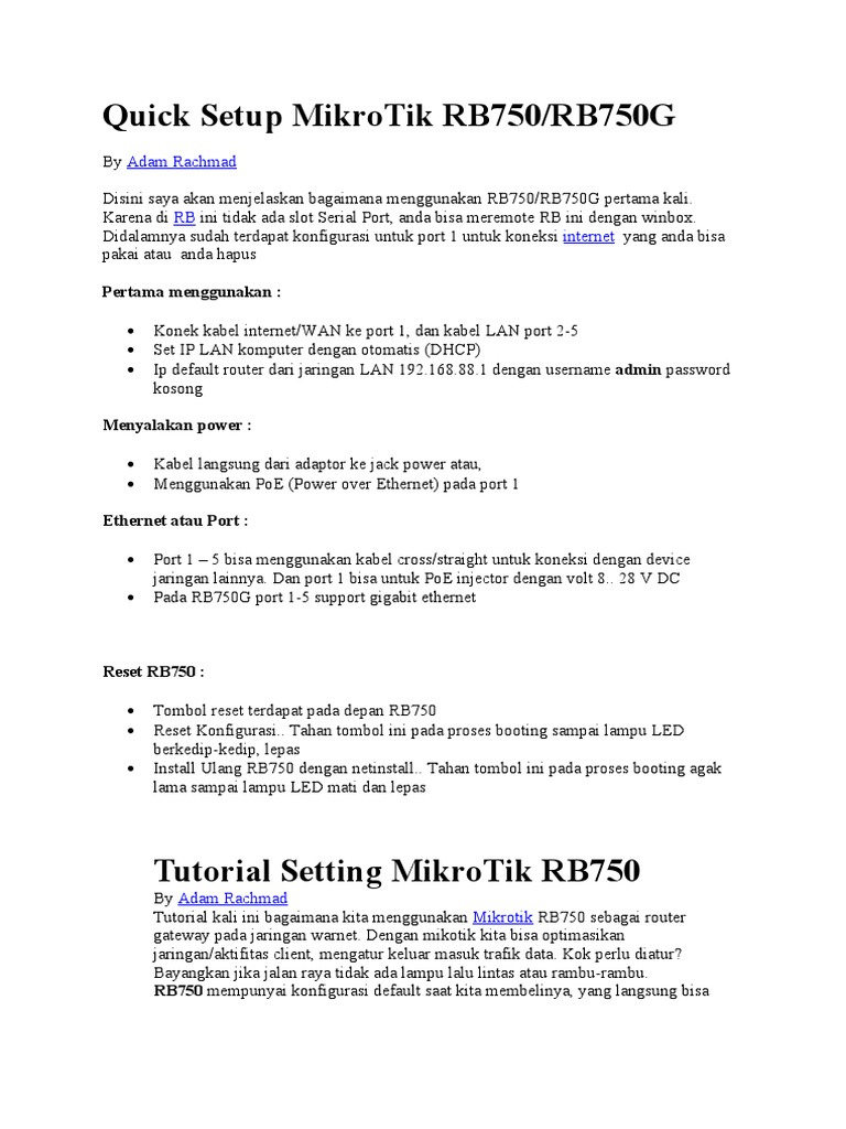 Quick Setup MikroTik RB750 | PDF