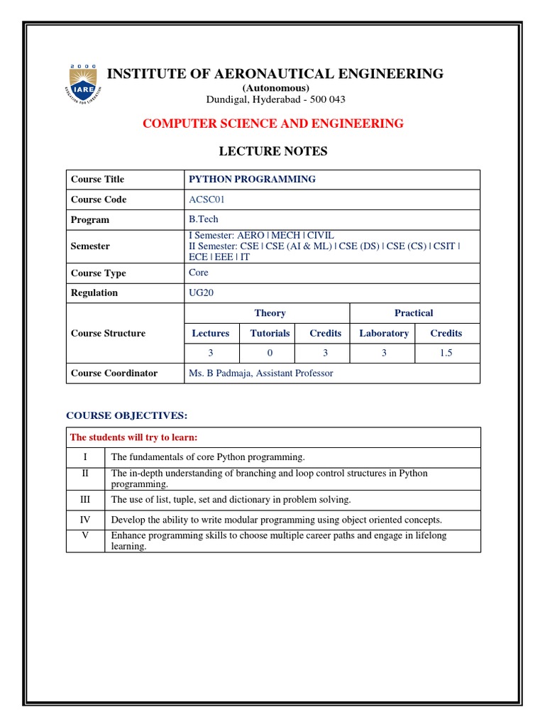 Python Programming Lecture Notes | PDF | Python (Programming Language ...