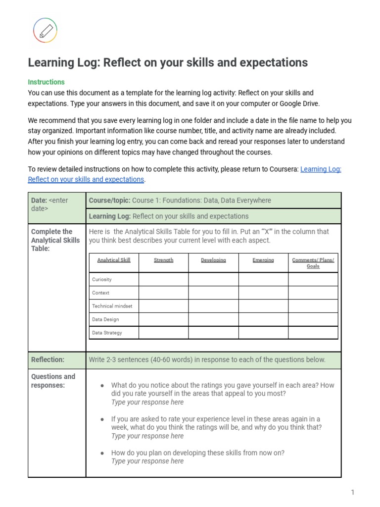 Learning Log Template - Reflect On Your Skills and Expectations | PDF