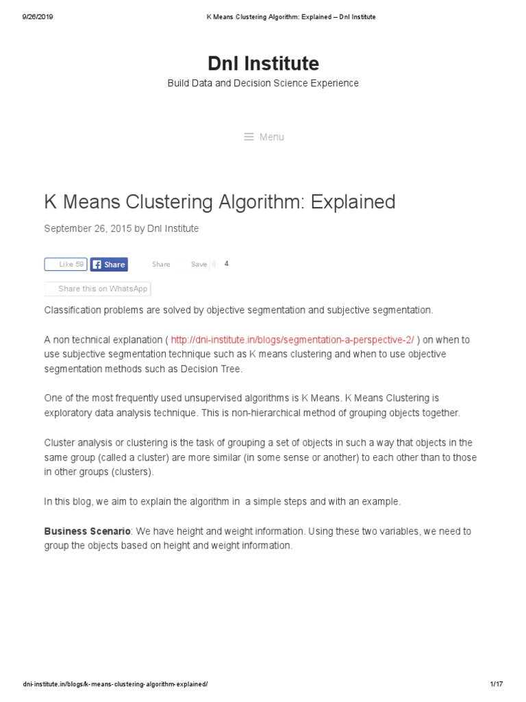 K Means Clustering Algorithm: Explained: Dni Institute | PDF | Cluster Analysis | Analytics