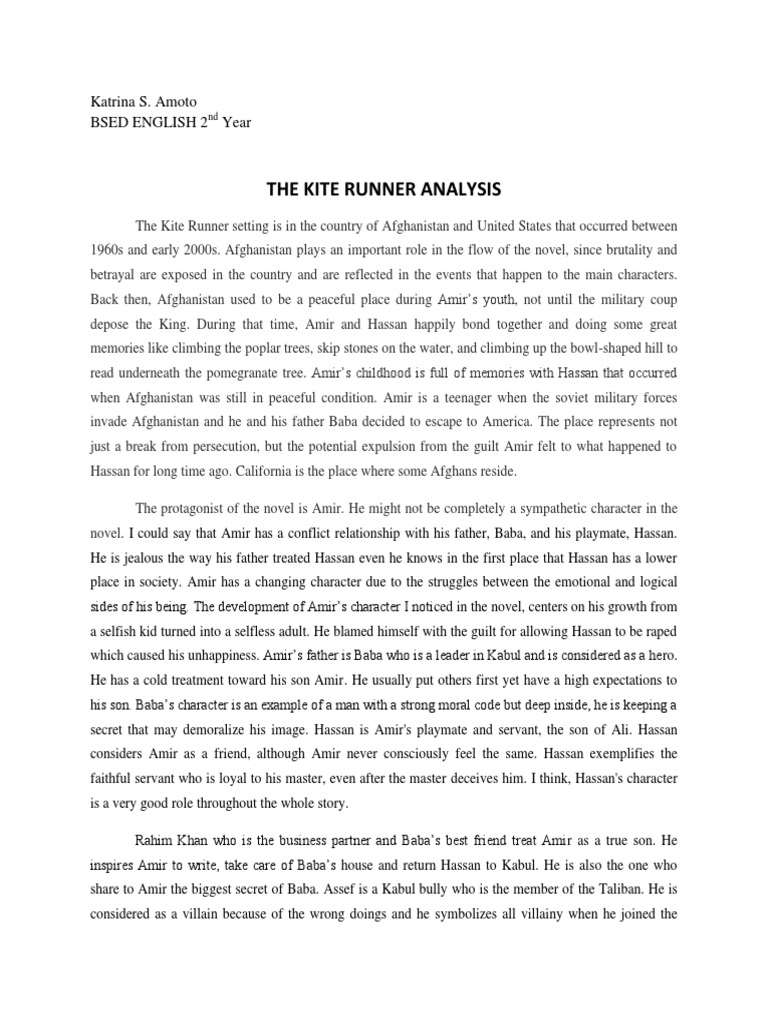 The Kite Runner Analysis: Katrina S. Amoto Bsed English 2 Year | PDF | Narration