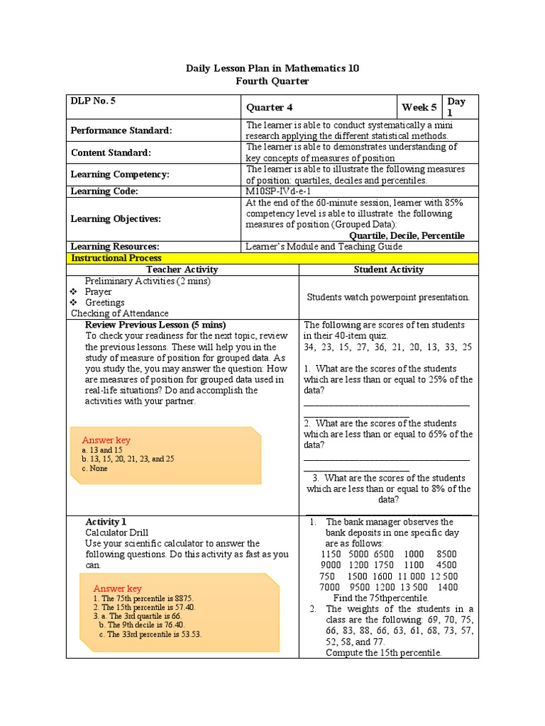 Lesson Plan in Grade 10 Mathematics - Week 5 | PDF | Percentile ...