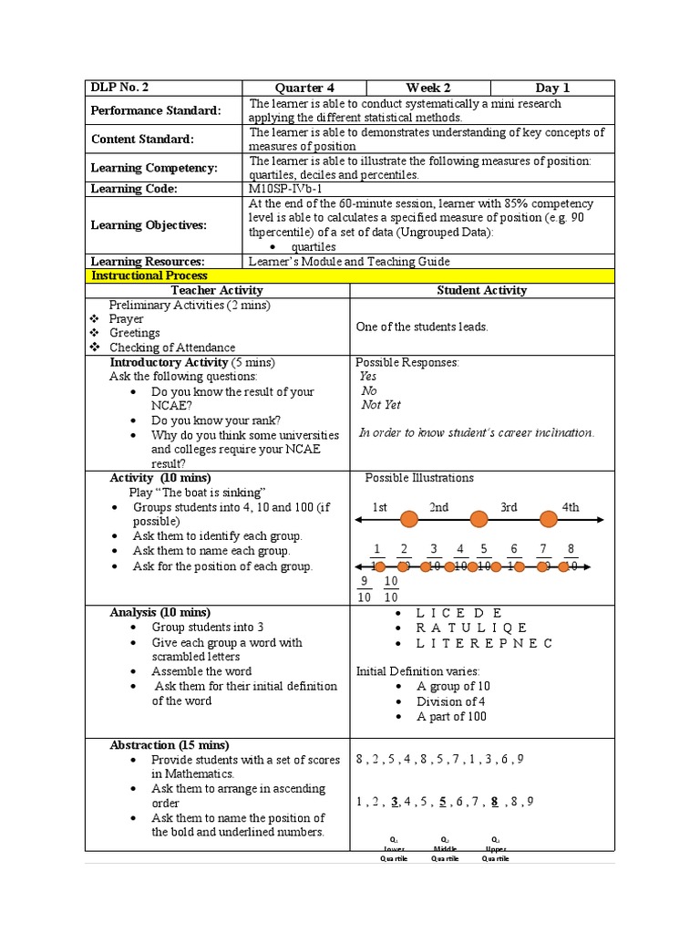 Lesson Plan in Grade 10 Mathematics - Week 2 | PDF | Percentile | Quartile